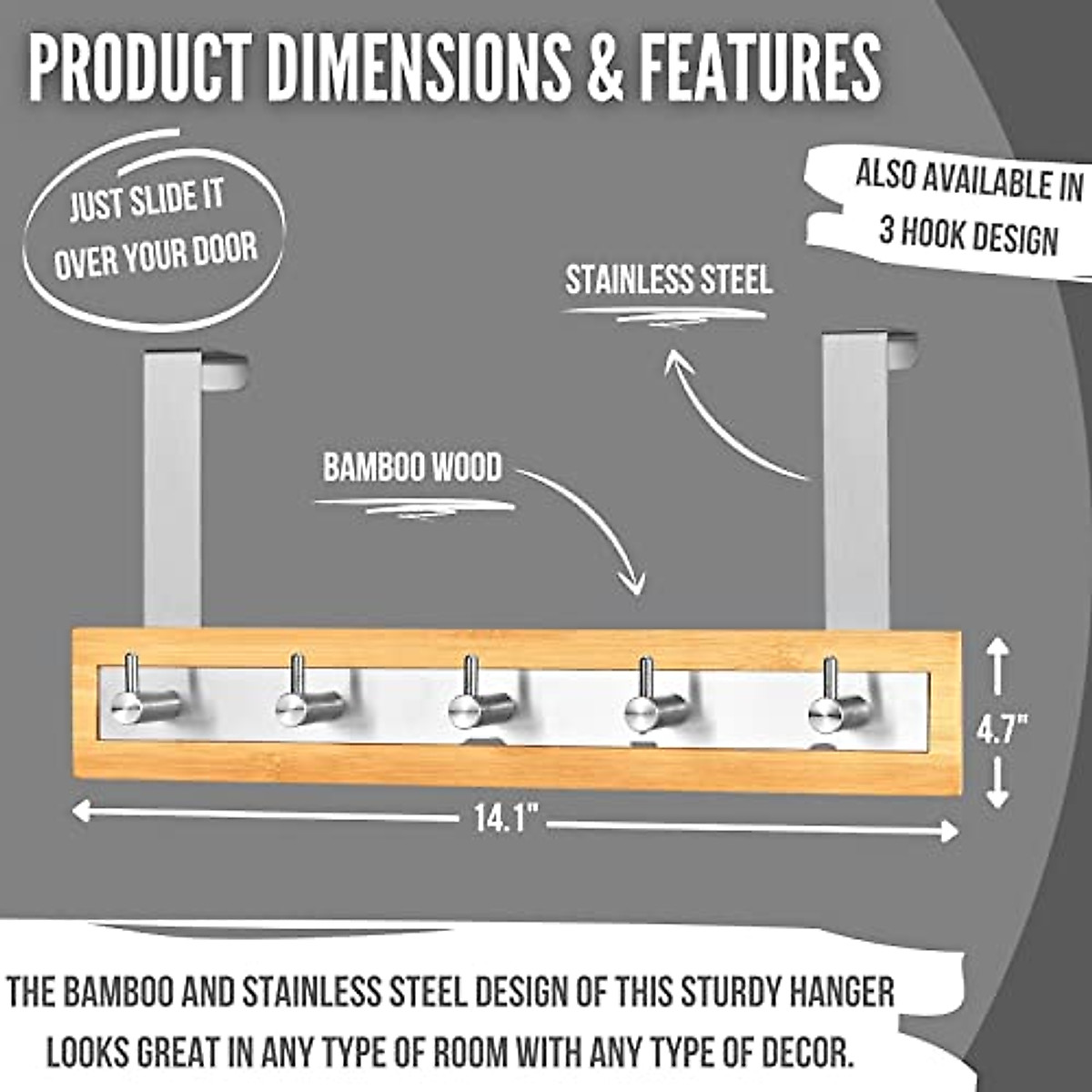 ToiletTree Products Bamboo Wood & Stainless Steel Over The Door Towel Rack, 5 Hooks