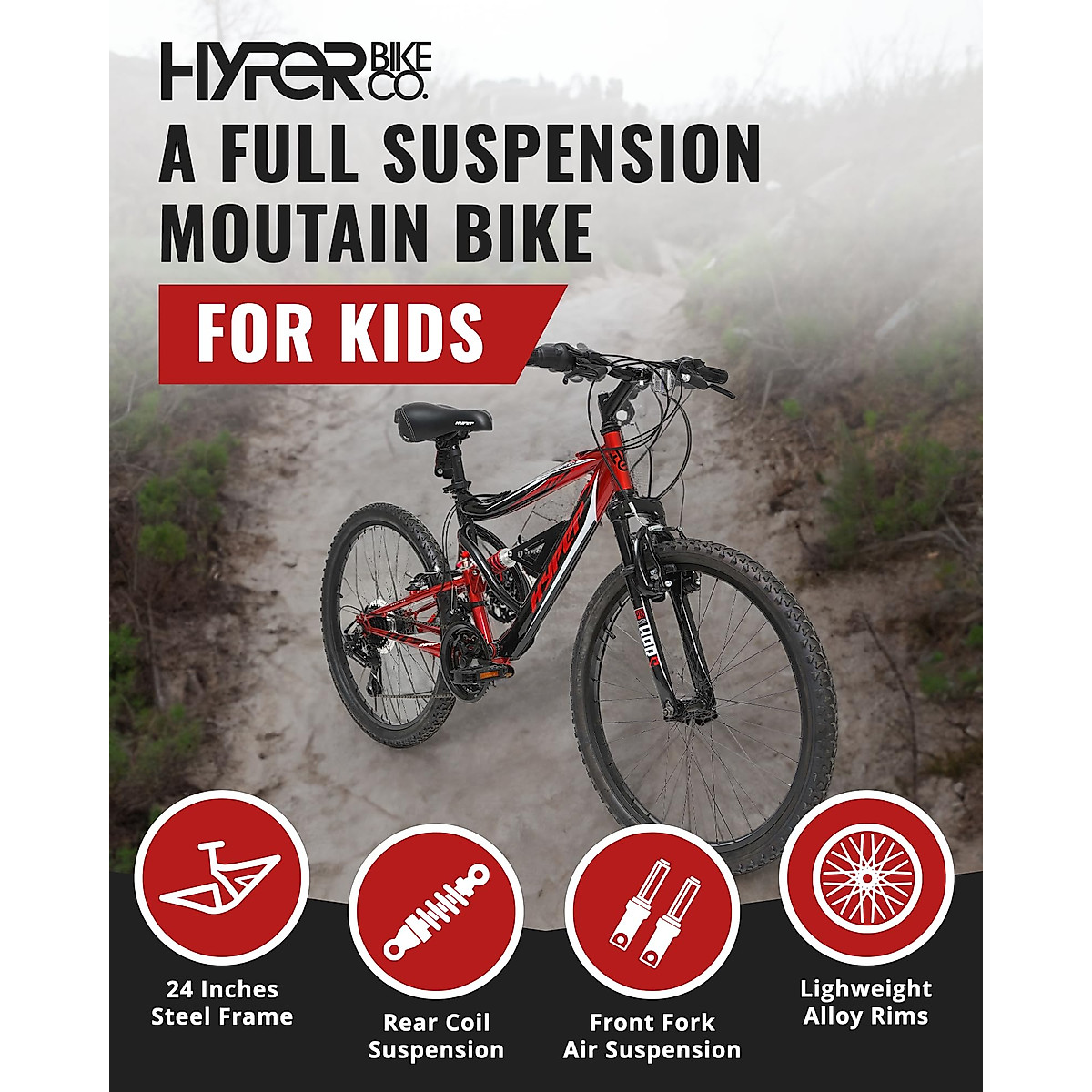 Hyper Kids Mountain Bike 24 Inch Youth Downhill Mountain Bike. Shimano 18 Speed Twist Shifters and Steel MTB Bike Frame. Full Suspension Mountain Bike. Shocker (Red/Black)
