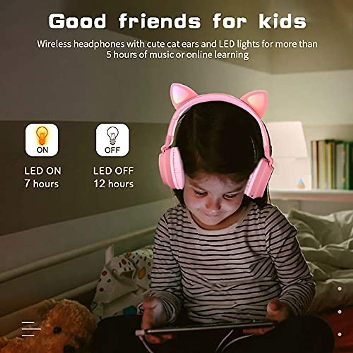 Aresrora Wireless Bluetooth Kids Headphones, Cat Ears Bluetooth Over Ear Headphones Volume Limiting,LED Lights, FM Radio, TF Card, Aux, Mic for iPhone/iPad/Kindle/Laptop/PC/TV (Purple)