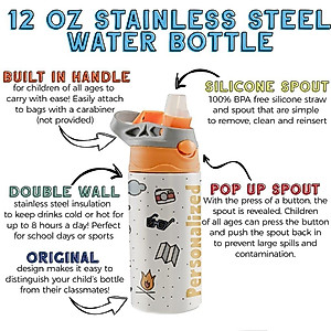 Camping Adventure – Orange and Grey – 12 oz Kids Water Bottle with Pop Up Silicone Straw - Personalize with Name – Double Wall Stainless Steel Insulation – Keep Beverage Temperature for Up To 8 Hours