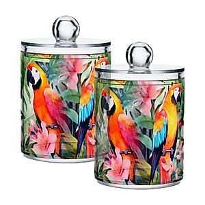 FLildon Colorful Parrot Birds Qtip Holder Dispenser, Bathroom Organizer and Storage Containers, 4Pack Clear Plastic Apothecary Jars with Lids for Cotton Ball, Cotton Swab, Floss