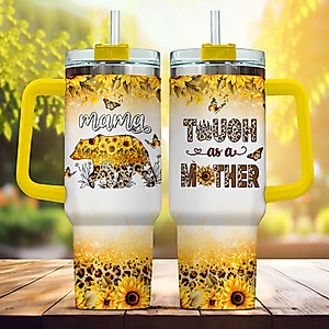 Women Yellow Stainless Coffee Momma Cups Black Butterfly Handle Glitter Steel Print For, Mama Bear Gifts, Tumbler 40 Oz With Handle Lid And Straw, Mama Bear Sunflower Leopard