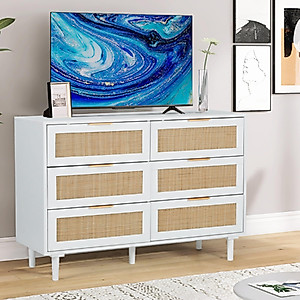 FUQARHY 6 Drawer Dresser Rattan Dresser Modern Chest with Drawers,Wood Storage Closet Dressers Chest of Drawers for Bedroom,Living Room,Hallway (White)