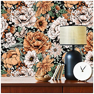 HAOKHOME Vintage Peel and Stick Floral Wallpaper Removable Large Peony Black/Orange/Pink Vinyl Self Adhesive Mural 17.7in x 6.5ft