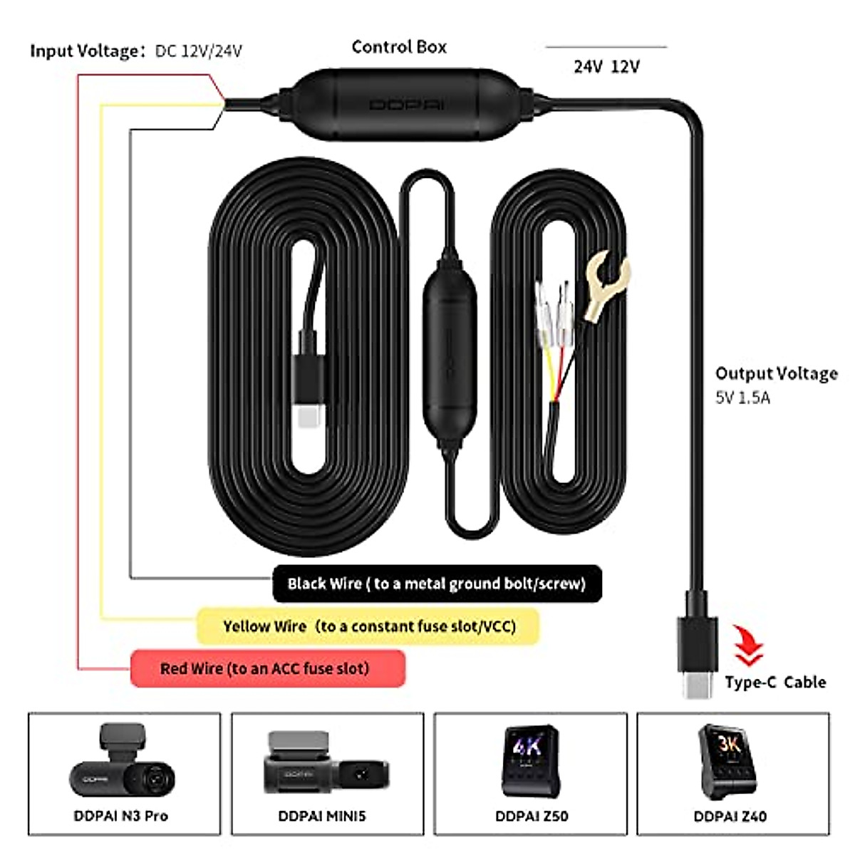 DDPAI Dash Cam Hardwire Kit, Compatible for Mola N3 Pro/ Z50 Dash Cam/Mini 5 Dash Cam/ Z40 Dash Cam Hard Wire Kit Fuse for Dashcam in Type-C Port, Plozoe 12V-24V to 5V Car Dash Camera Charger