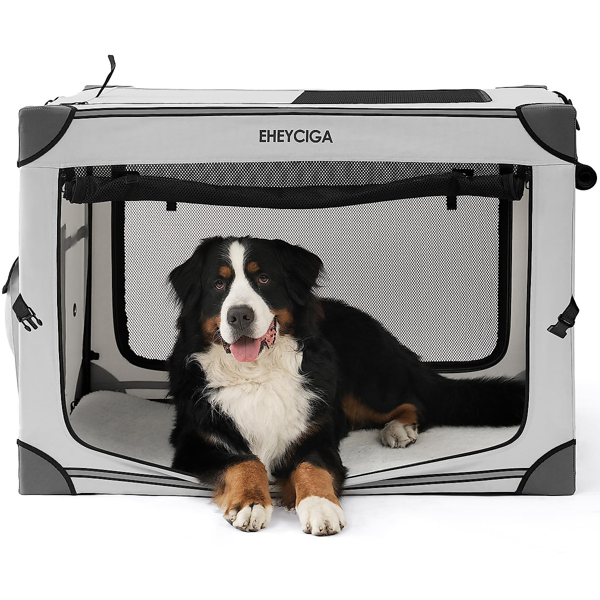 EHEYCIGA Portable Dog Travel Crate 42 Inches, Collapsible Dog Crate for Extra Large Dogs, Soft Foldable Dog Kennel with 4-Door Mesh Windows Indoor & Outside, Grey