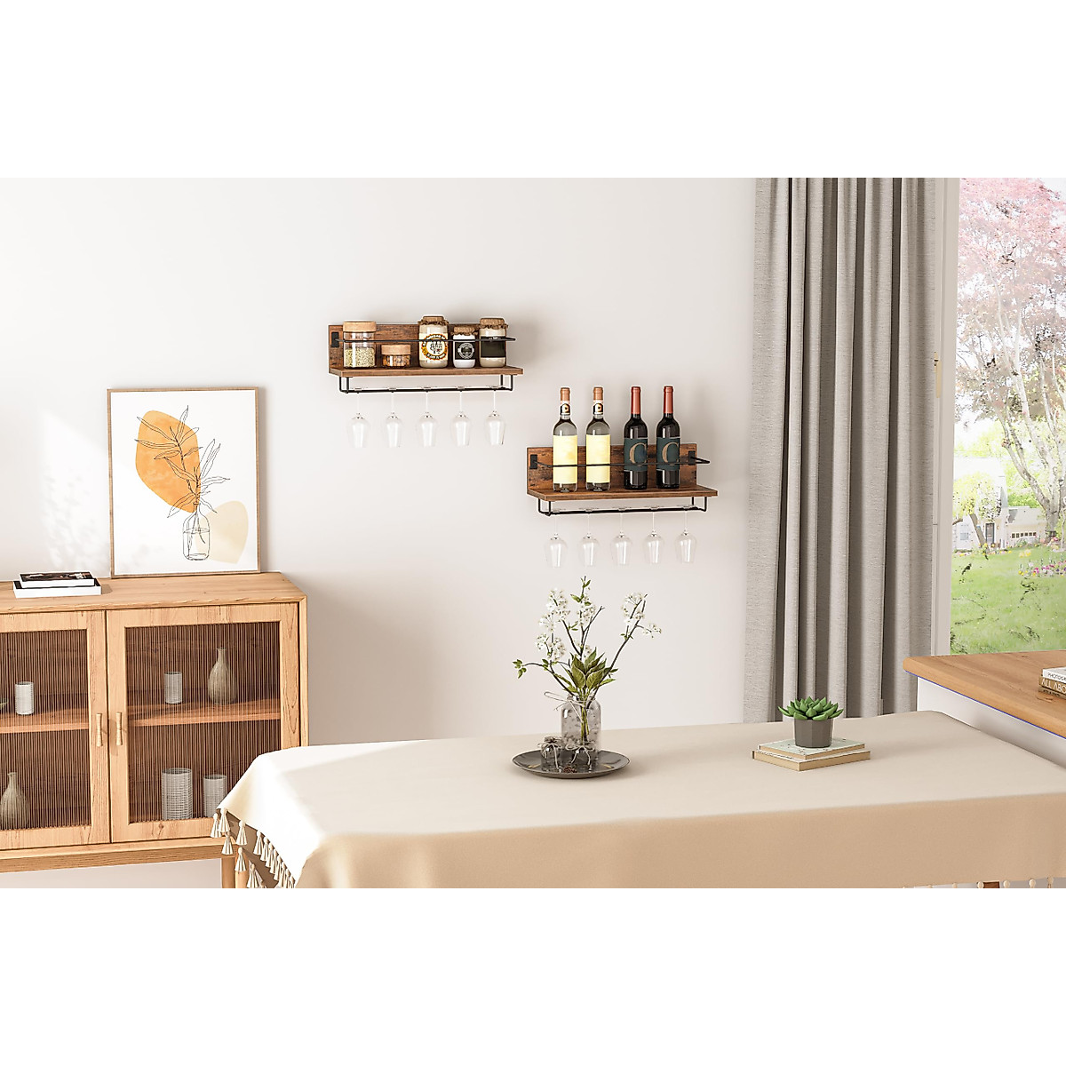 HOOBRO Wall Mounted Wine Rack 2 Pack, Wine Shelf Hanging Floating Wall Shelves, Wine Glass Bottle Rack Stemware Holder, for Living Room, Dining Room, Kitchen, Rustic Brown and Black BF28BJ01