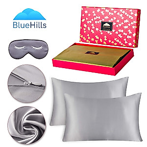 BlueHills 22 Momme 100% Pure Mulberry Natural Soft Both Sides Silk Pillowcase for Hair and Skin Hidden Zipper Luxurious 2 Pack Fine Silk Pillow Cases Gift Set (Gift Pack 3 Piece Queen, Silver Grey)