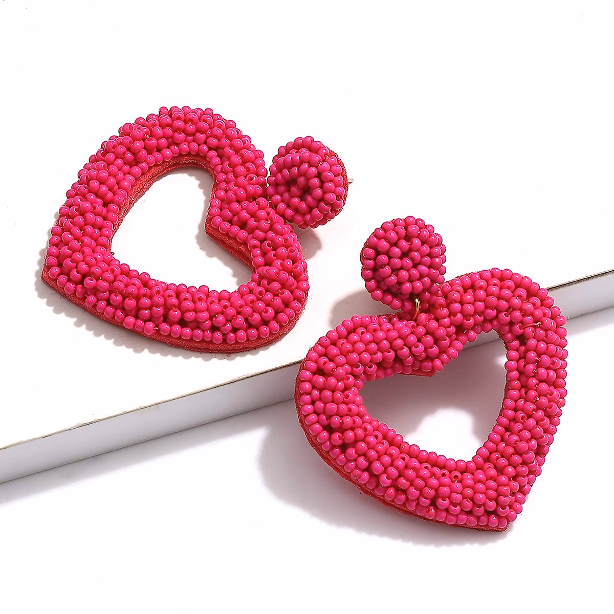 XOCARTIGE Valentine's Day Earrings for Women Beaded Heart Earrings Handmade Bead LOVE XOXO Earring Drop Dangle Earrings Valentine's Day Jewelry Accessories Outfits Gifts (A-Rose Red)