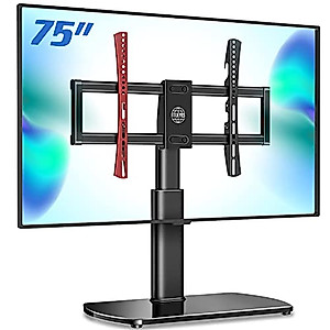 FITUEYES Universal TV Stand, Swivel TV Table Stand for 32-65 70 75 Inch Flat Screen, Table Top TV Stand Base Replacement, Height Adjustable TV Mount Stand with Glass Base, Max Holds 88lbs