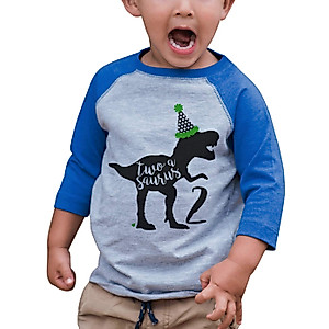 7 ate 9 Apparel Kid's Two 2 Second 2nd Dinosaur Birthday Blue Raglan Tee 2T