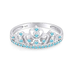 AFFY Round Cut Simulated Aquamarine Princess Crown Ring in 14k White Gold Over Sterling Silver