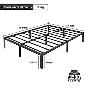 TIEGUNER 14 Inch King Bed Frame, Heavy Duty Metal Platform Easy Assembly Bed Frame, No Box Spring Needed Mattress Foundation 3500 Lbs Support, Noise Free, Maximum Storage (Black)