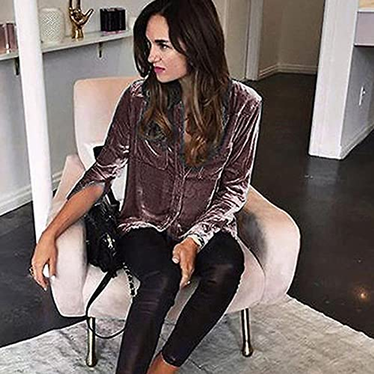 Womens Button Front Faux PU Leather Jacket Casual Shirt Long Sleeve Blazer Coat with Bust Pocket Dark Purple