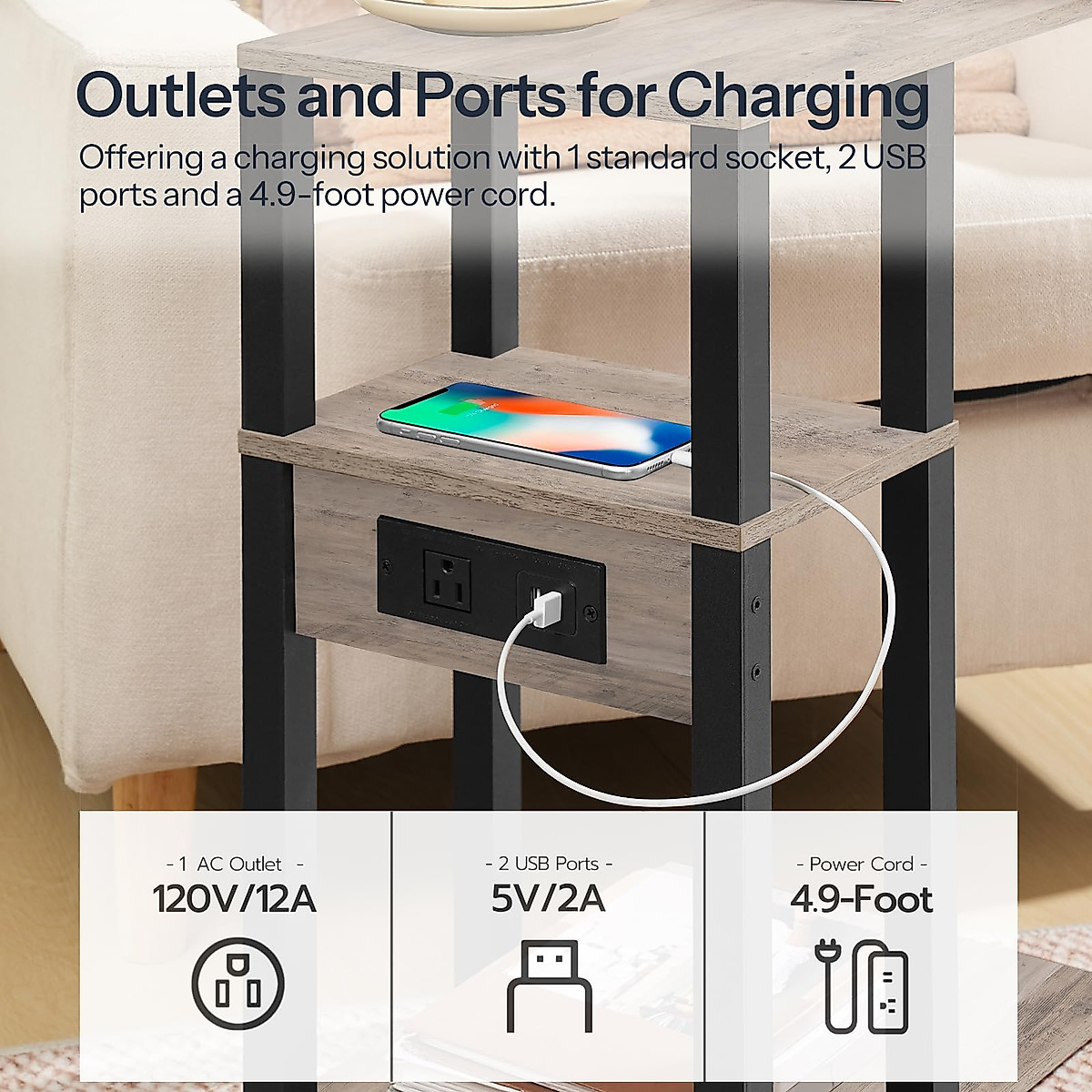 HOOBRO C Shaped End Table with Charging Station, Small Side Table with 2 USB Ports and Outlets, TV Tray Table, Couch Table for Small Spaces, Living Room, Bedroom, Greige and Black BG62USF01