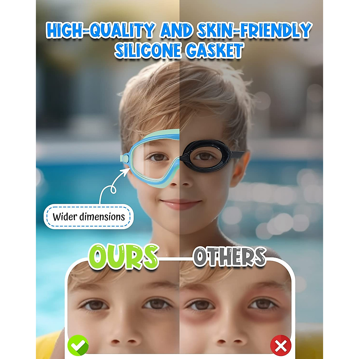 Rantizon Kids Swim Goggles 2 Pack, Wide View Swimming Goggles for Child 3-15, Anti Fog&UV No Leaking Goggles for Boys Girls