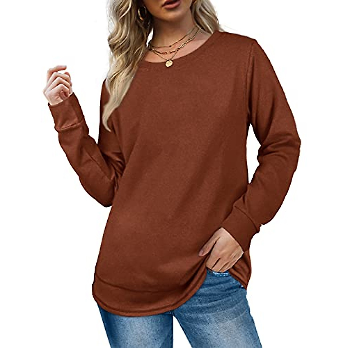Dofaoo Long Sleeve T Shirts for Women Loose Fitting Sweatshirts Trendy Caramel M