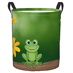 Delerain Frog Yellow Flower Laundry Basket, Waterproof Laundry Hamper with Handles, Collapsible Toy Bins Dirty Clothes Round Storage Basket for Home Bathroom Office Nursery, 19.6X15.7(M)