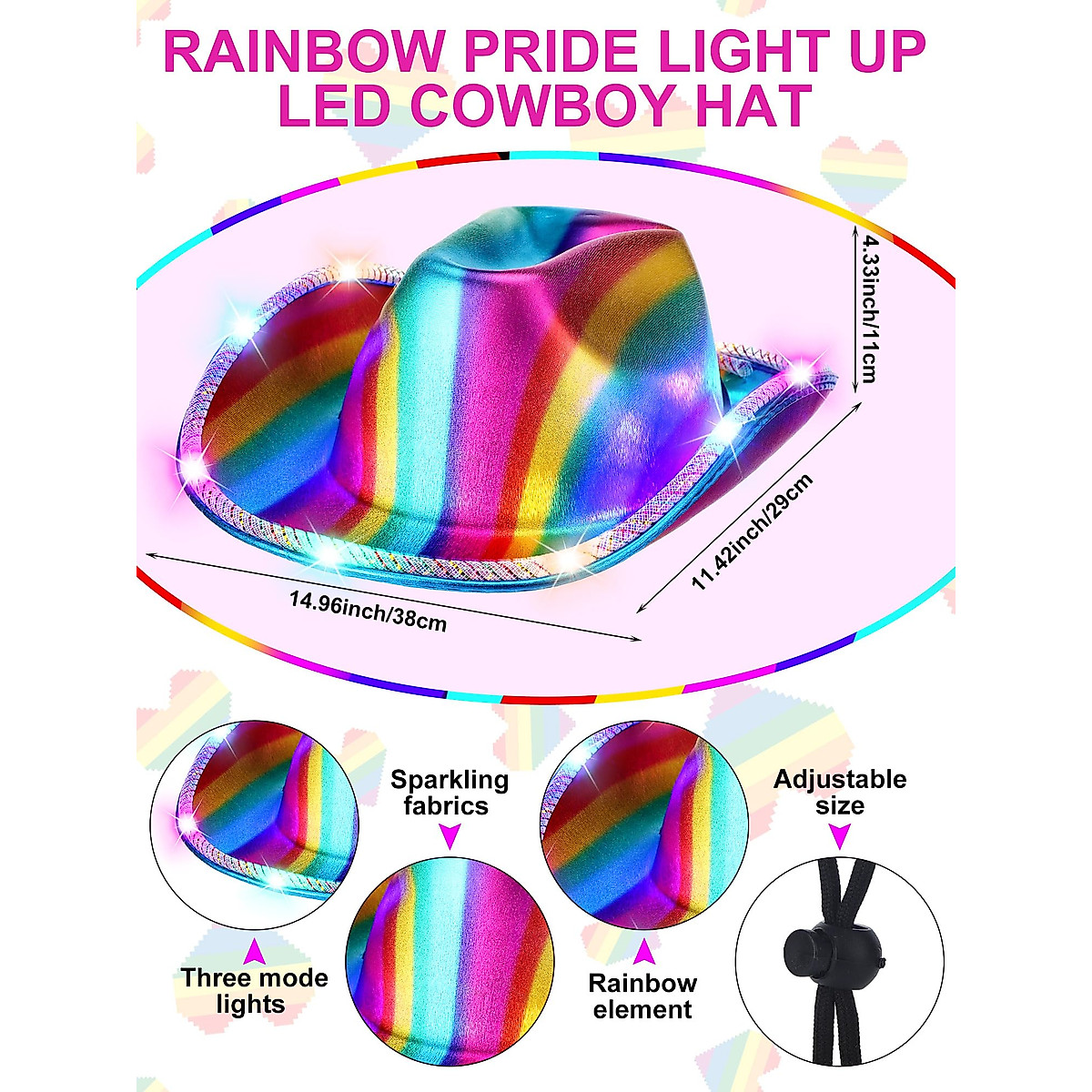 Halfchet 3 Pcs Rainbow Pride Light up LED Cowboy Hat LGBTQ Cowboy Cowgirl Hat for Gay Pride Events Pride Party Supplies