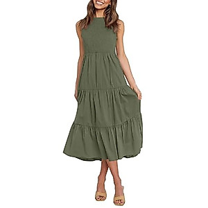 ZESICA Women's Summer Casual Sleeveless Crew Neck Smocked High Waist Flowy Tiered A Line Midi Dress,ArmyGreen,Medium