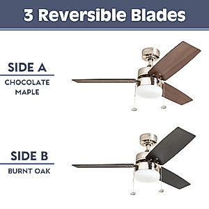 Prominence Home Reston, 42 Inch Modern Farmhouse LED Ceiling Fan with Light, Pull Chain, Dual Mounting Options, Dual Finish Blades, Reversible Motor - 51014-01 (Brushed Nickel)