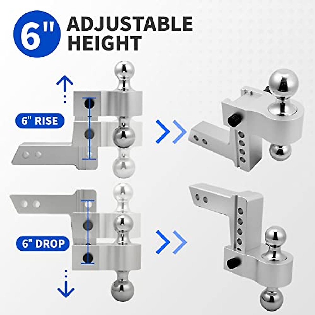 Boiarc Adjustable Trailer Hitch, 6" Drop/Rise Drop Hitch Ball Mount for 2-Inch Receiver, 2" and 2-5/16" Stainless Steel Dual Balls 12,500 LBS GTW, Aluminum Tow Hitch with Double Anti-Theft Pins Locks