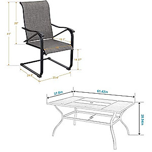 MFSTUDIO 7PCS Patio Dining Set, Large Rectangular Wood Like Top Table with 6 C-Spring Motion Chairs, Outdoor Metal Furniture Set with Umbrella Hole for Garden, Backyard，Brown