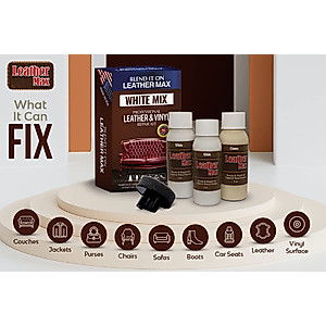 Leather Max Quick Blend Refinish and Repair Kit White, Restore Couches, Recolor Furniture & Repair Car Seats, Jackets, Sofa, Boots 3 Color Shades to Blend with/Leather Vinyl and More (White Mix)