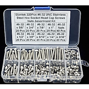 Elantek #6-32 UNC 304-Stainless Steel Hex Socket Head Cap Screws Nuts Assortment Kit