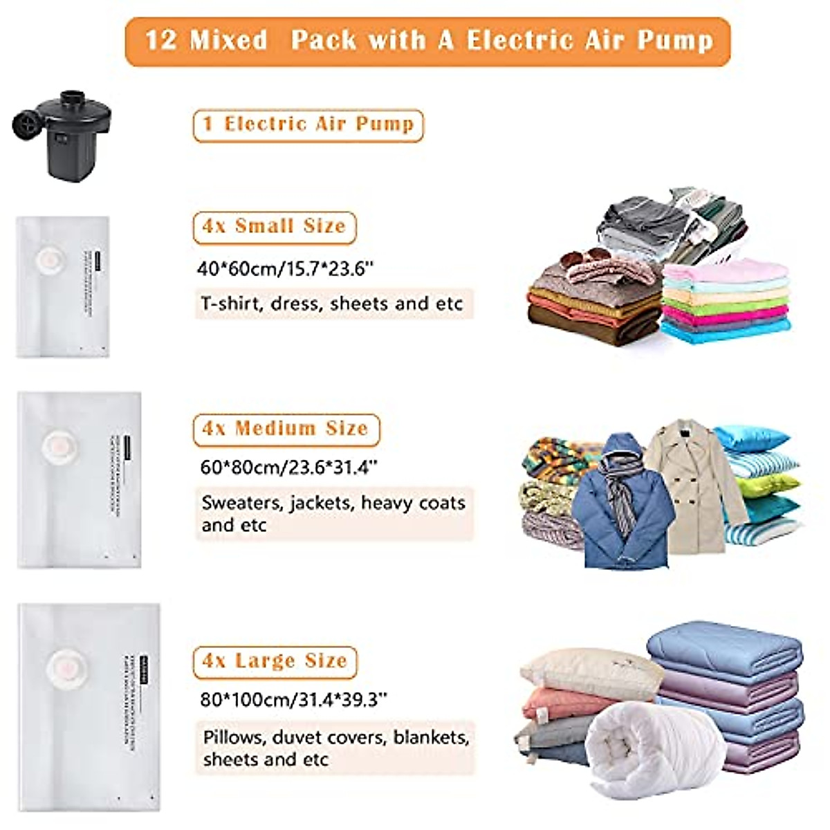 BRIAN & DANY Vacuum Storage Bags with Electric Pump, Vaccum Sealed Space Saver for clothes mattress, 12 Pack (4 Jumbo, 4Large, 4Medium)