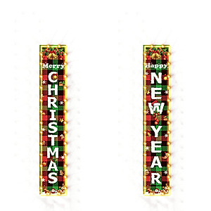 KOKISHIN Christmas Decorations Banner, Merry Christmas Happy New Year Party Decor With string Light for Indoor Outside Front Door Living Room Kitchen Wall Party Sign Decor 72 x 12 Inch