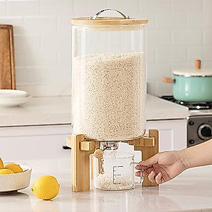 HBlife Glass Rice Dispenser with Wooden Stand Flour and Cereal Container with Glass Measuring Cup Pantry Food Organization Storage Bin with Airtight Bamboo Lid, 8L