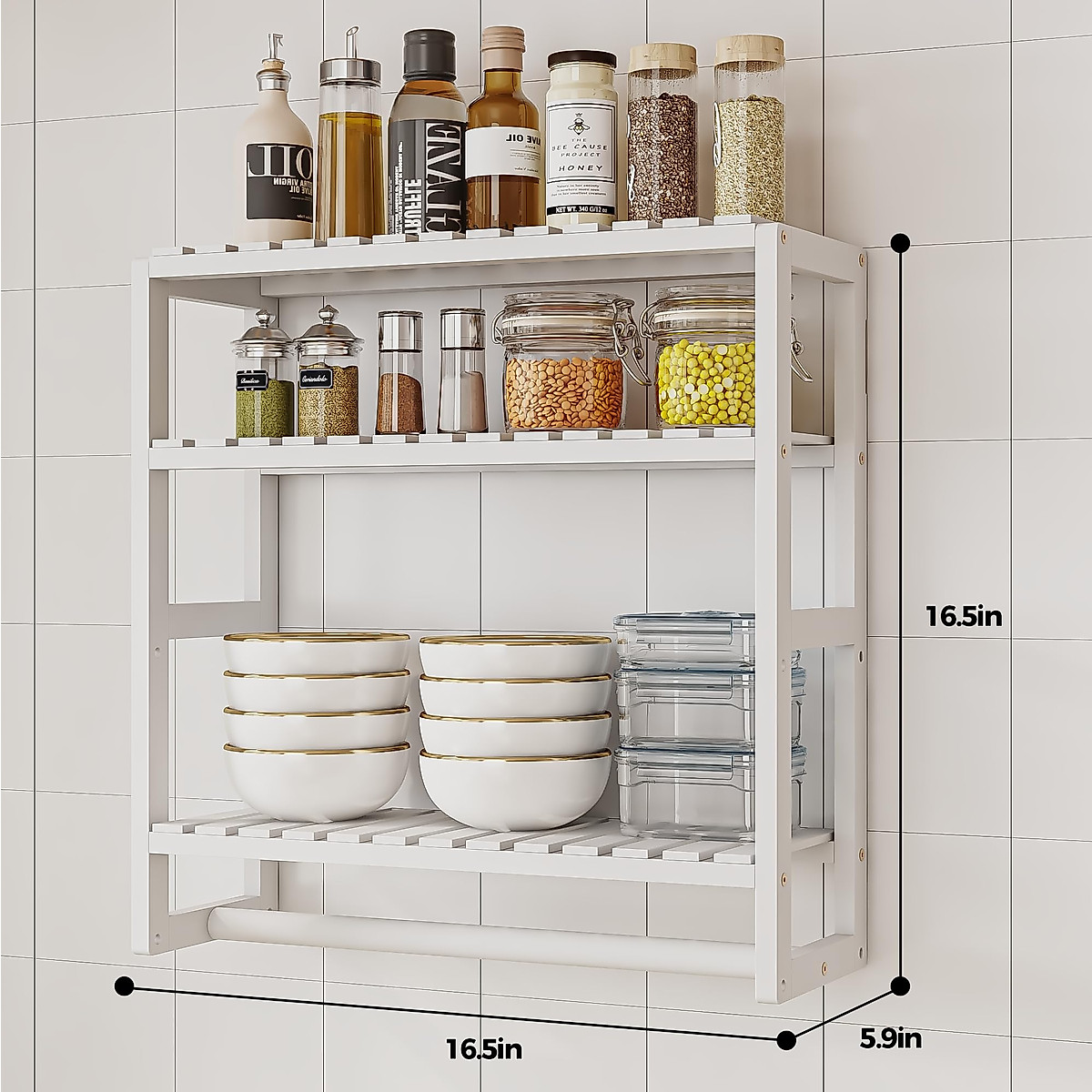 Galood 3 Tier Kitchen Organizers and Storage Spice Racks Organizer, Bamboo Storage Shelves with Towel Rack Under Sink Organizer (White)