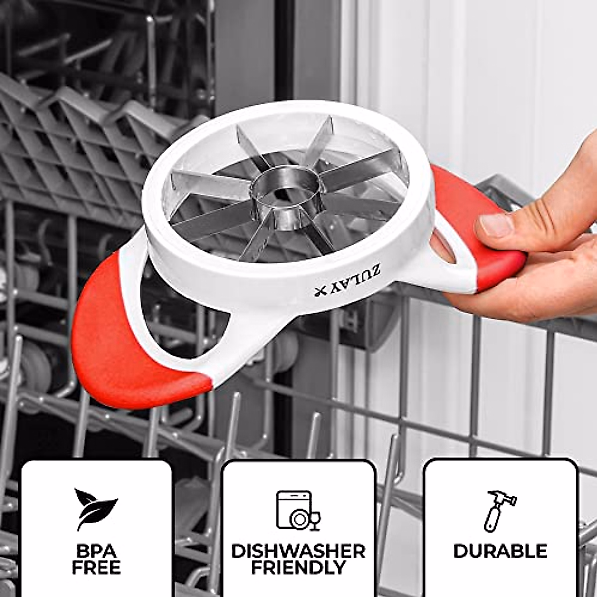 Zulay 8 Blade Apple Slicer and Corer - Easy Grip Apple Cutter With Stainless Steel Blades - Fast Usage Apple Corer And Slicer Tool That Saves Time & Effort (Cherry Red & White)