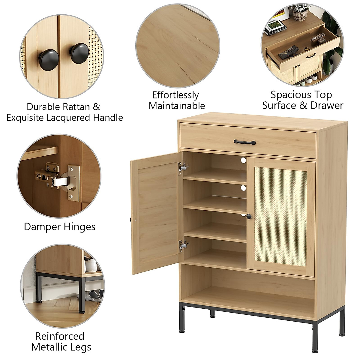 Loomie Rattan Shoe Cabinet, 5-Tiers Shoe Storage Cabinet with Doors, Storage Cabinet with Drawer & Bottom Cubby, 44.3" Tall Boho Shoe Organizer Cabinet for Entryway Hallway Closet (Natural)