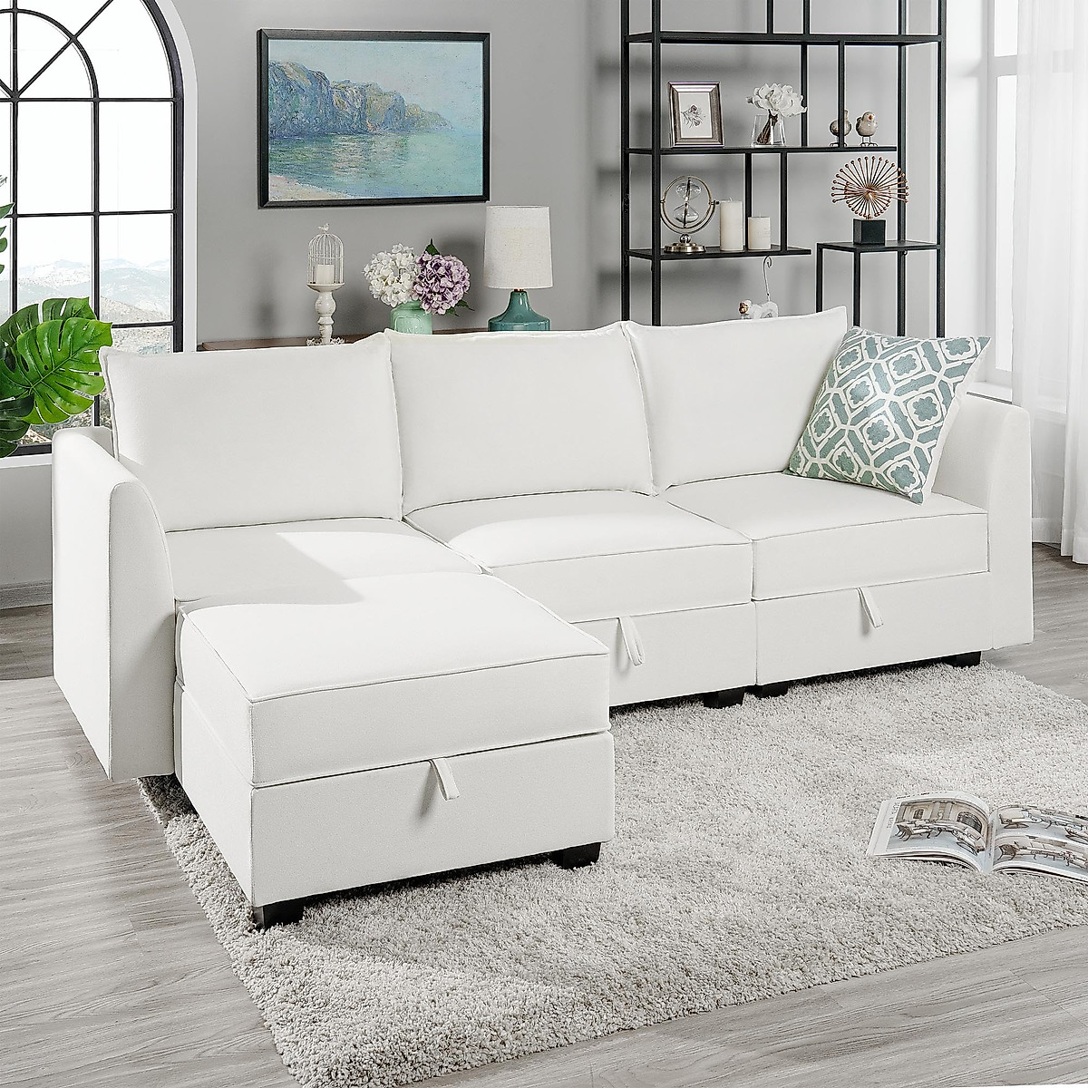 Naomi Home Elizabeth Modular Sectional Sofa with Storage L Shaped Modular Sofa 4-Seater Sectional Couch for Living Room, White Down, Linen