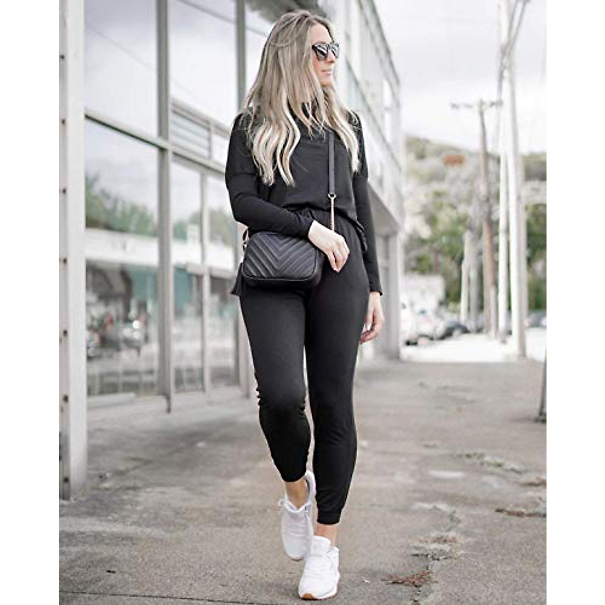 PRETTYGARDEN Women's 2024 Fall Two Piece Outfit Long Sleeve Crewneck Pullover Tops and Long Pants Tracksuit (Black,Large)