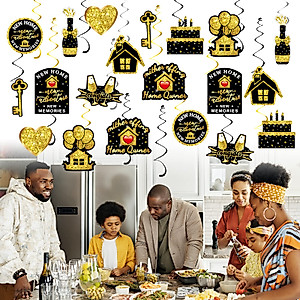 30pcs Housewarming Party Hanging Swirls Decorations, Black Gold House Warming Sign Decor, New Home Sweet Home Housewarming Theme Party Supplies