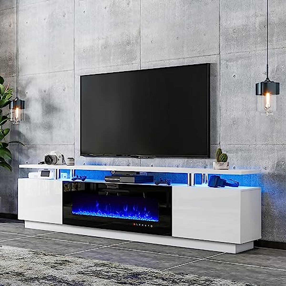 LUXOAK 80" Fireplace TV Stand, Modern High Gloss Finish Media Console with 40" Electric Fireplace, Open Storage Entertainment Center for TVs Up to 90" with LED Lights, White