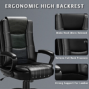 LEMBERI Office Desk Chair, Big and Tall Managerial Executive Chair, High Back Computer Chair, Ergonomic Adjustable Height PU Leather Chairs with Cushions Armrest for Long Time Sitting (Black)