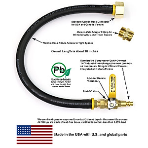 Winterize Sprinkler System, Outdoor Faucet, RV, Camper, and Travel Trailer: Air Compressor Plug To Garden Hose Faucet Blow Out Adapter (Lead-Free Brass) with Male-to-Male Fitting, 20" Long