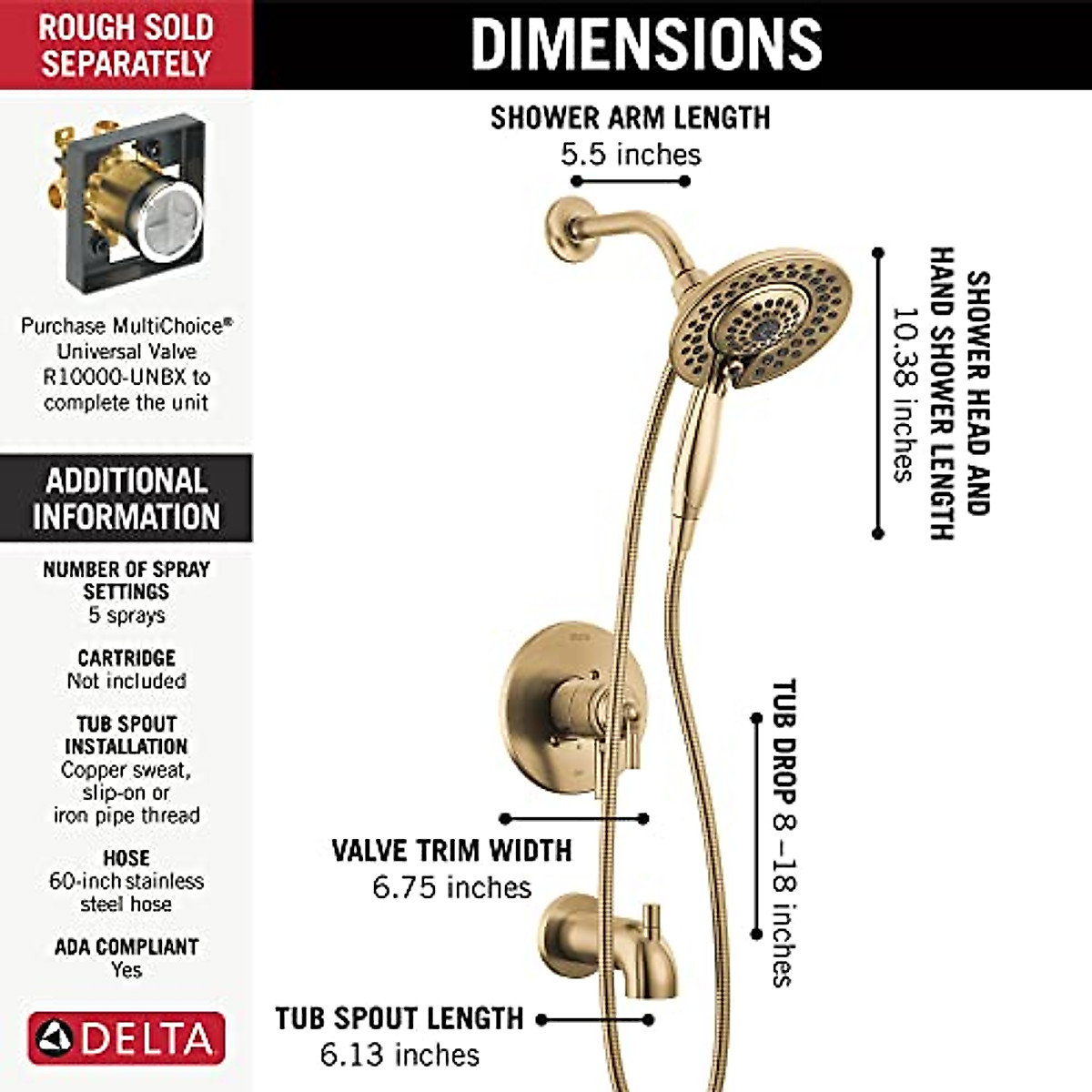 Delta Faucet Saylor 17 Series Gold Tub and Shower Faucet Combo with In2ition 2-in-1 Shower Head with Handheld Spray, Bathtub Faucet Set, Tub Faucet, Champagne Bronze T17435-CZ-I (Valve Not Included)