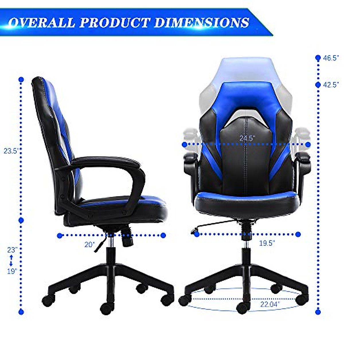 HOMEFLA Office Ergonomic Computer Gaming Desk Bonded Leather Swivel Chair Height Adjustable Cushioned Armrests, Blue