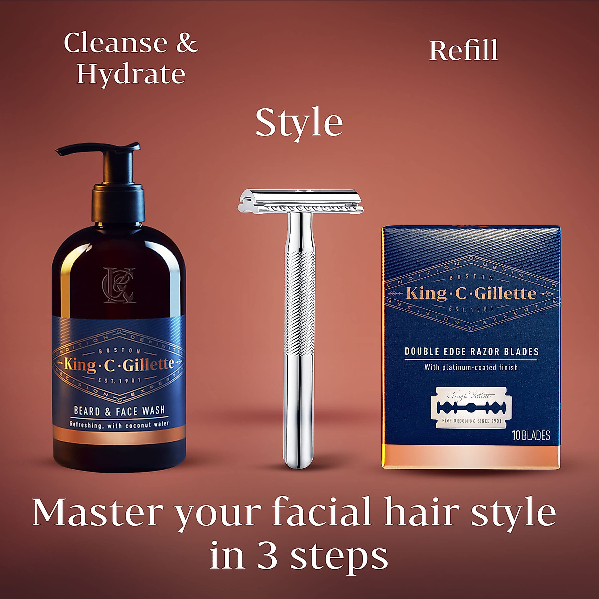 King C. Gillette Safety Razor with Chrome Plated Handle and 5 Platinum Coated Double Edge Safety Razor Blade Refills with Double Edge Safety Razor Blade Refills, 10ct