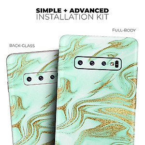 DesignSkinz Mint Marble & Digital Gold Foil V4 Protective Vinyl Decal Wrap Skin Cover Compatible with The Samsung Galaxy S20 (Screen Trim & Back Glass Skin)