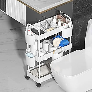 VANDHOME 3-Tier Storage Rolling Cart Slide Out Storage Rolling Utility Cart, Mobile Shelving Unit Storage Shelves Multifunctional Organizer Slide Out Trolley Cart for Kitchen Bathroom - White