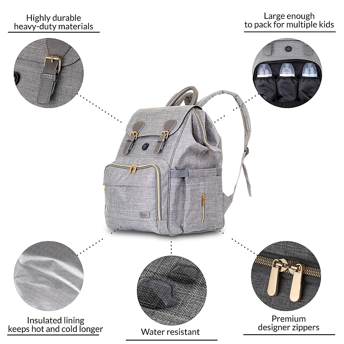 OOPSABABY Diaper Bag Backpack with Cleaning Lights; connect to juice pack or wall adapter; Designer Gray with Rose Gold Hardware Diaper Bag Organizer for Baby Boy or Girl