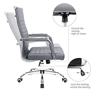 KaiMeng Ribbed Office Desk Mid Back Computer Chair Height Adjustable Conference Executive Task Swivel PU Leather (Grey)