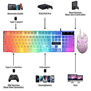 CHONCHOW LED Keyboard &Mouse Combo Ambient Lighting RGB Rainbow Color Backlight Retro Gaming Key Board Mouse set 3200DPI 6 Button compatible with PS4/PS5 Xbox one PC imac