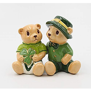 Fine Ceramic Irish St. Patrick Teddy Bear with Shamrock Prints Design Salt & Pepper Shakers Set, 3-1/2"
